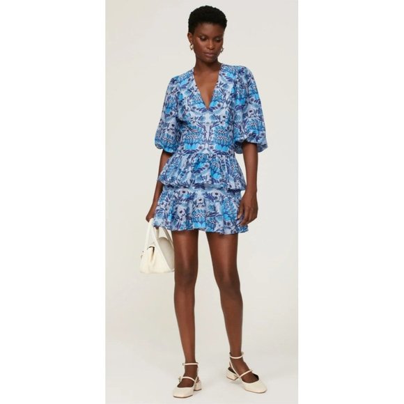 Sandro | Dresses | Rtr Sz 364 Sandro Blue Floral Yana Mini Teired Puff ...